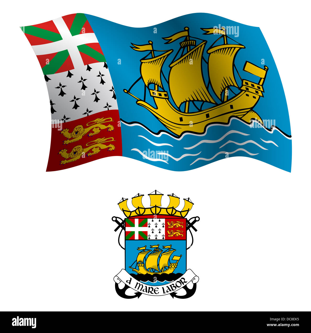 saint pierre and miquelon wavy flag and coat of arm against white ...