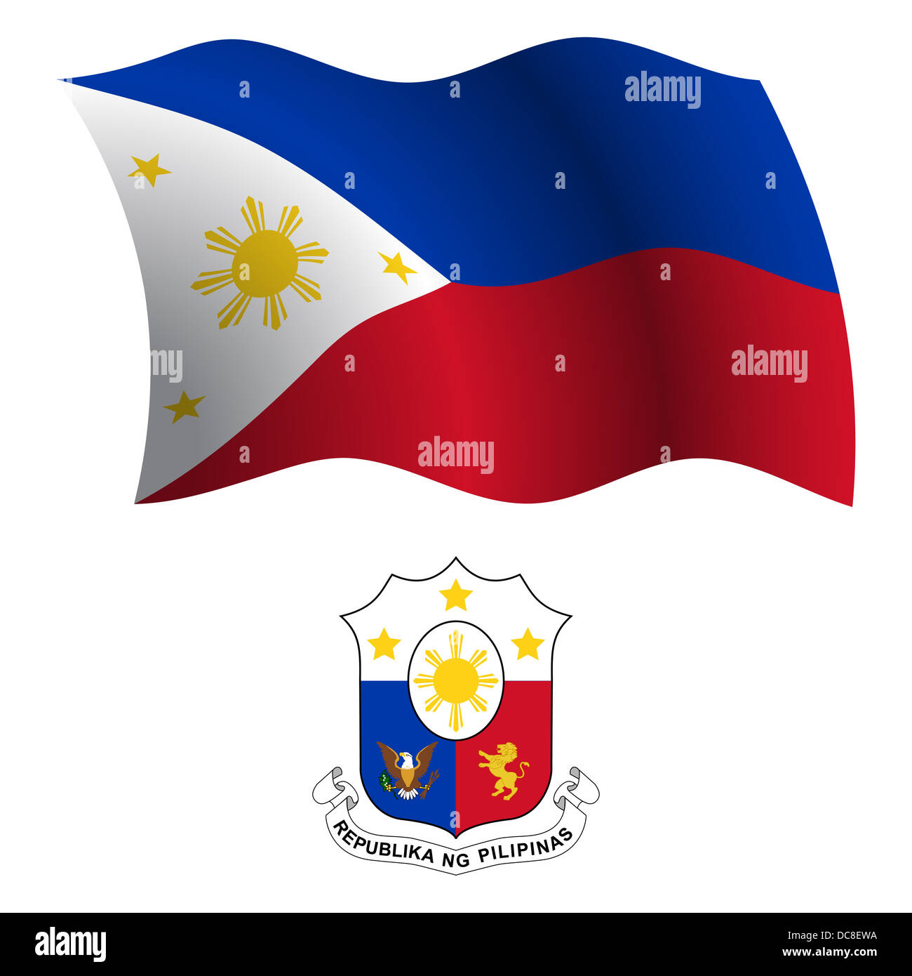 philippines wavy flag and coat of arm against white background, vector ...