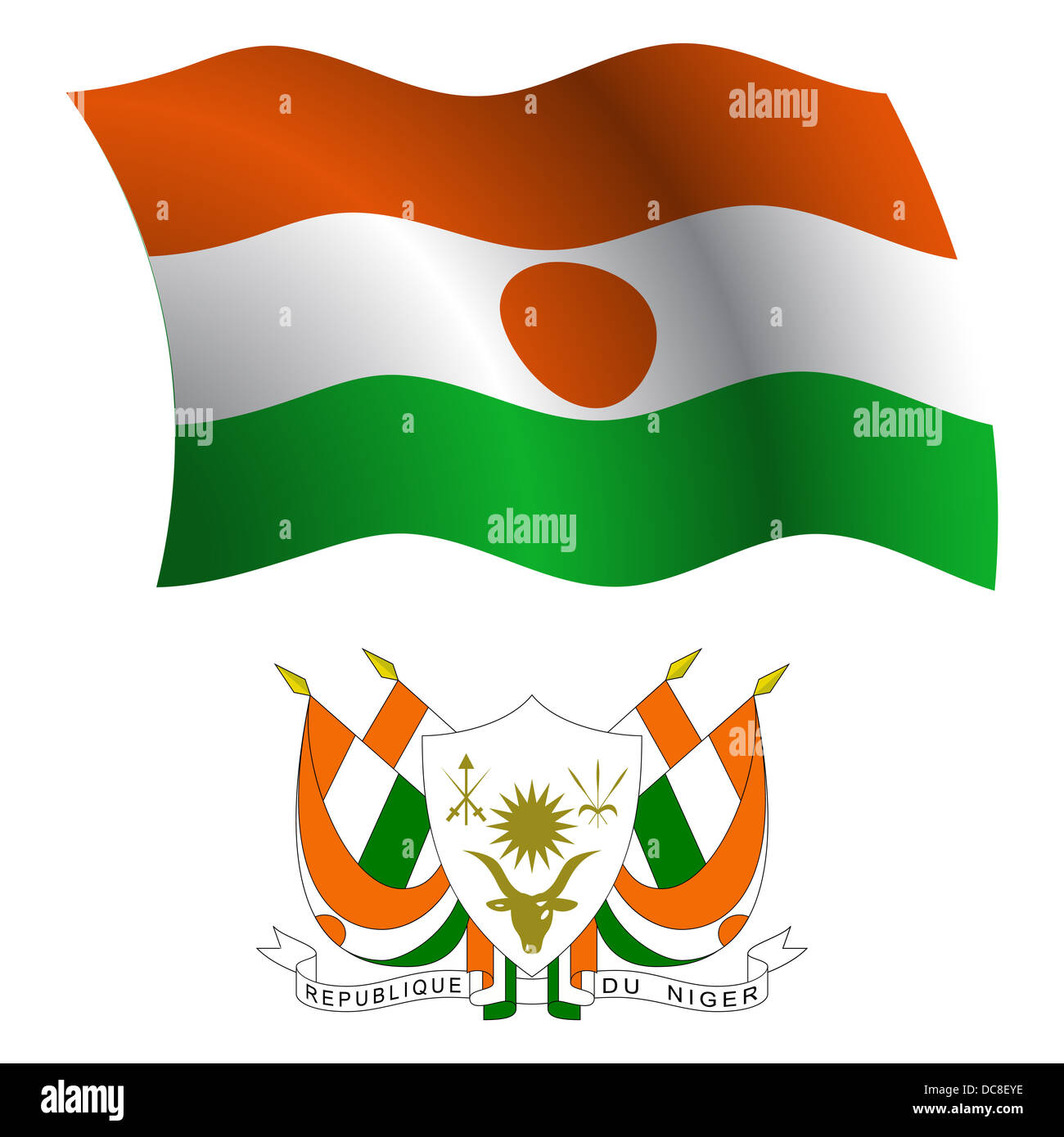 niger wavy flag and coat of arms against white background, vector art ...