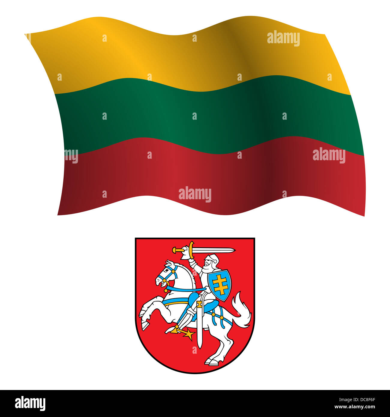 lithuania wavy flag and coat of arm against white background, vector ...