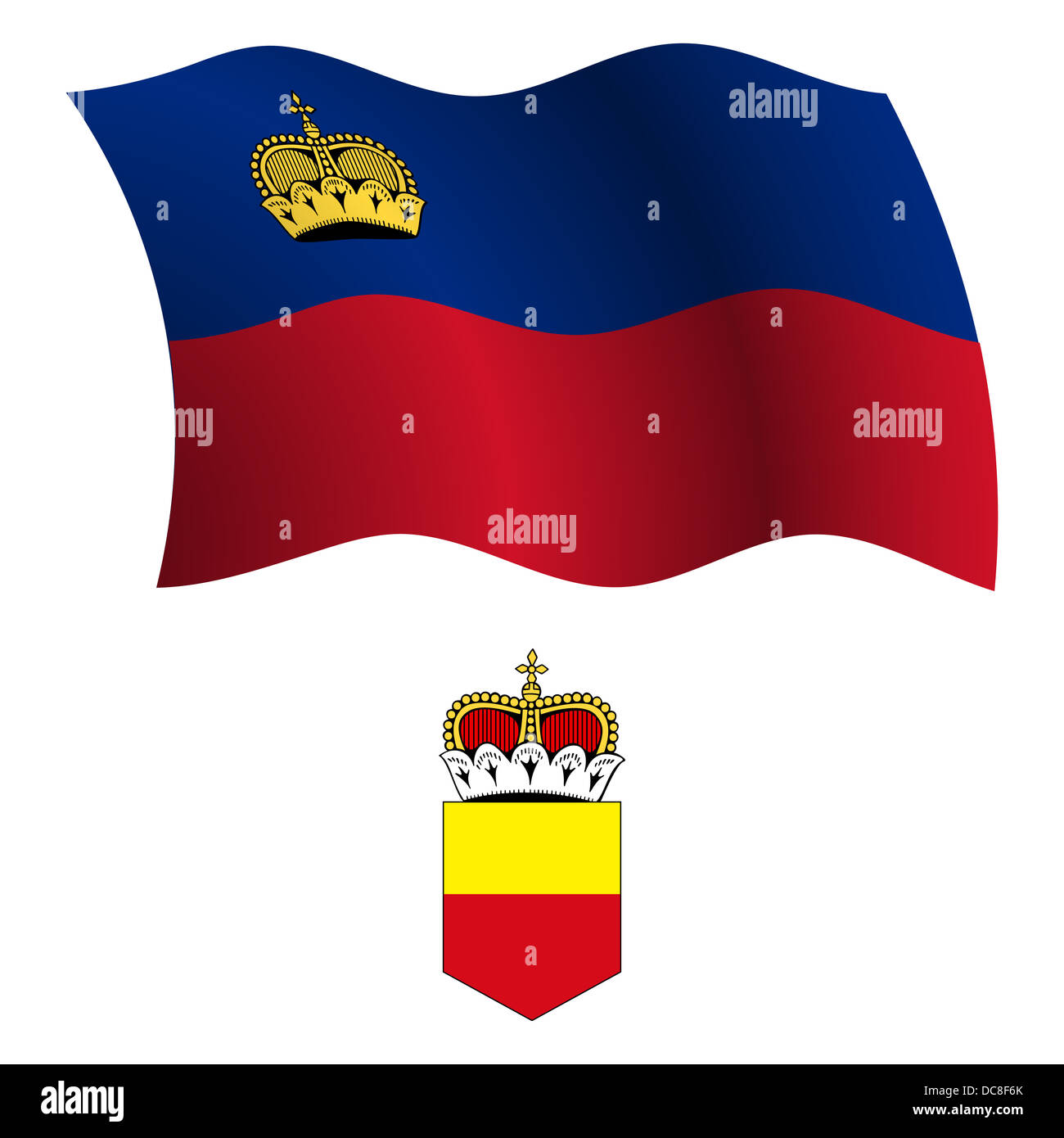 liechtenstein wavy flag and coat of arm against white background ...