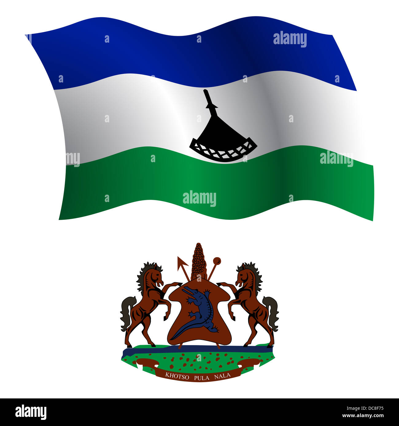 lesotho wavy flag and coat of arm against white background, vector art ...