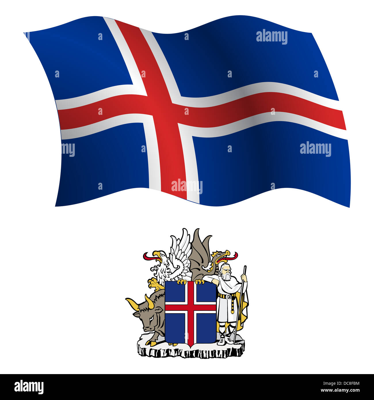 iceland wavy flag and coat of arms against white background, vector art ...