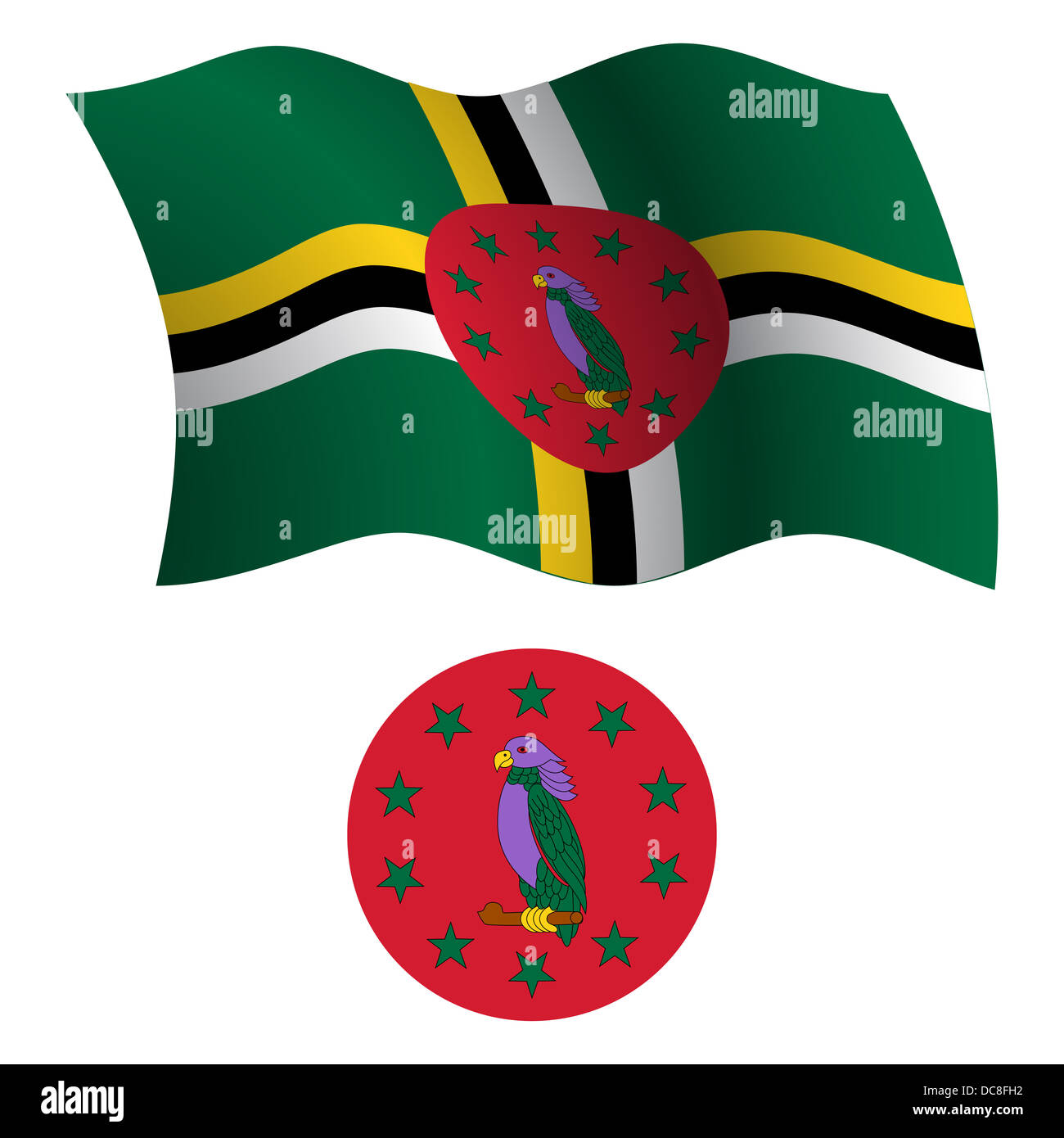 dominica wavy flag and coat of arms against white background, vector ...