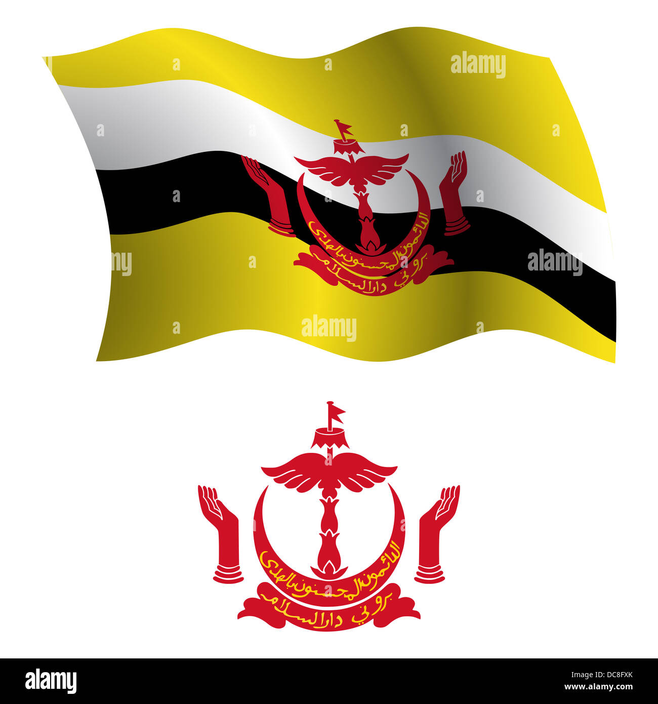 brunei wavy flag and coat of arms against white background, vector art ...