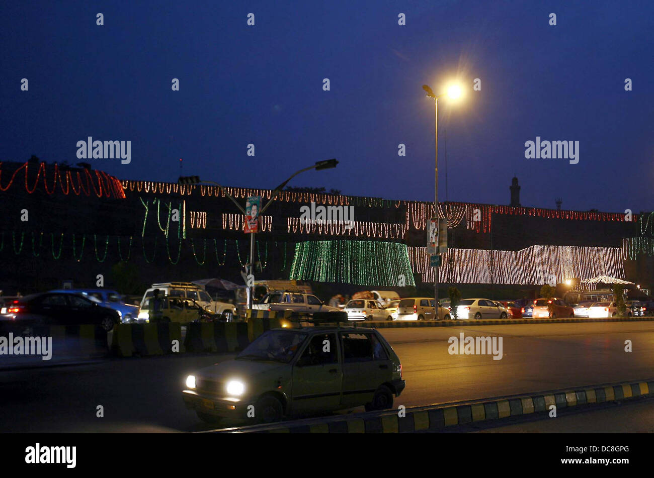 Beautiful illuminated view of Bala Hisar Fort building decorated with ...