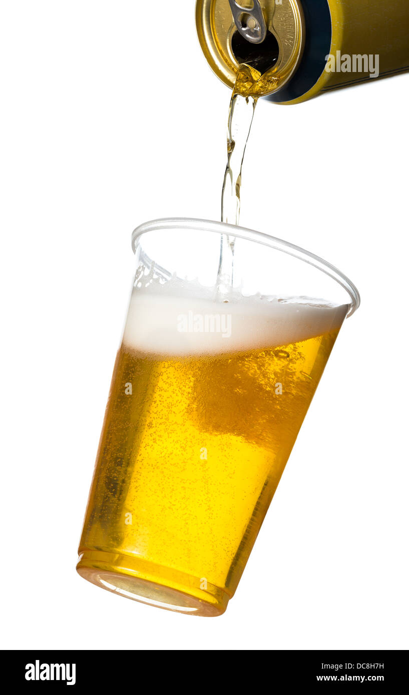 Pouring lager beer into plastic disposable pint glass Stock Photo - Alamy