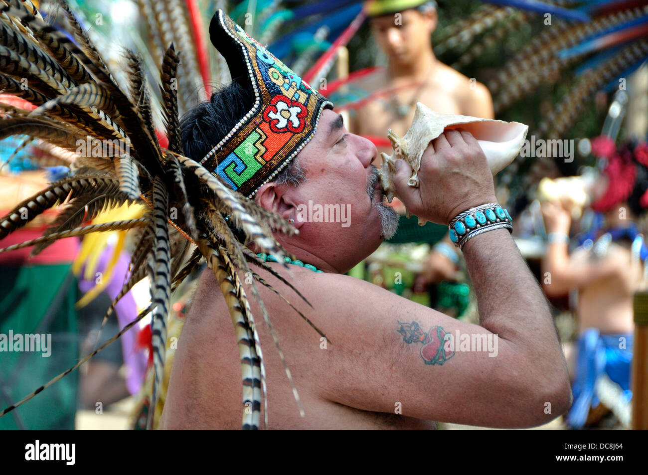 Man blowing conch shell hi-res stock photography and images - Alamy