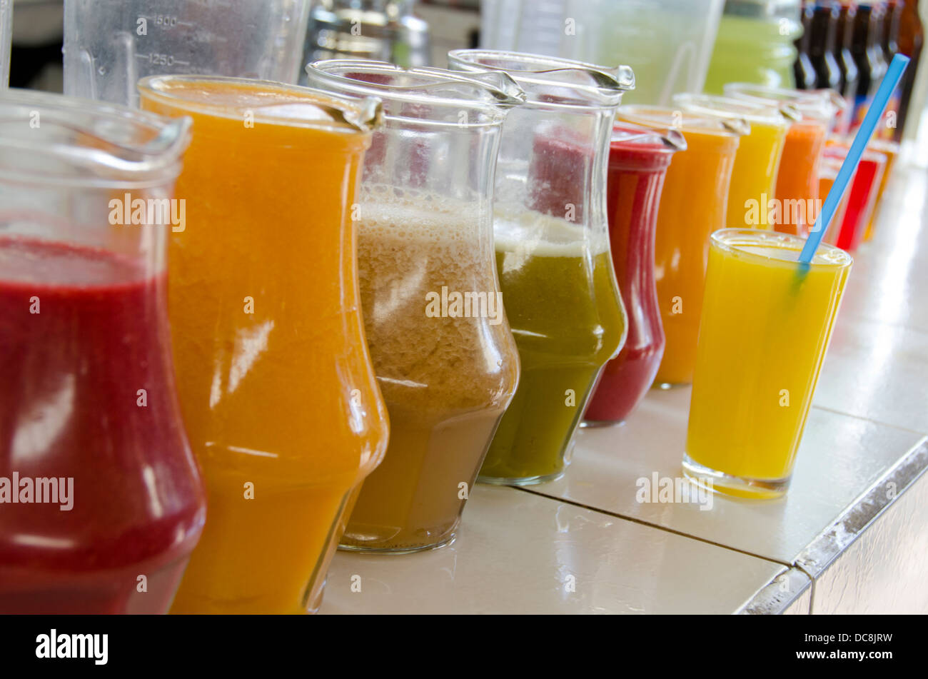 Ecuador, Quito area. Otavalo Market. Mixed fresh fruit juice bar Stock ...