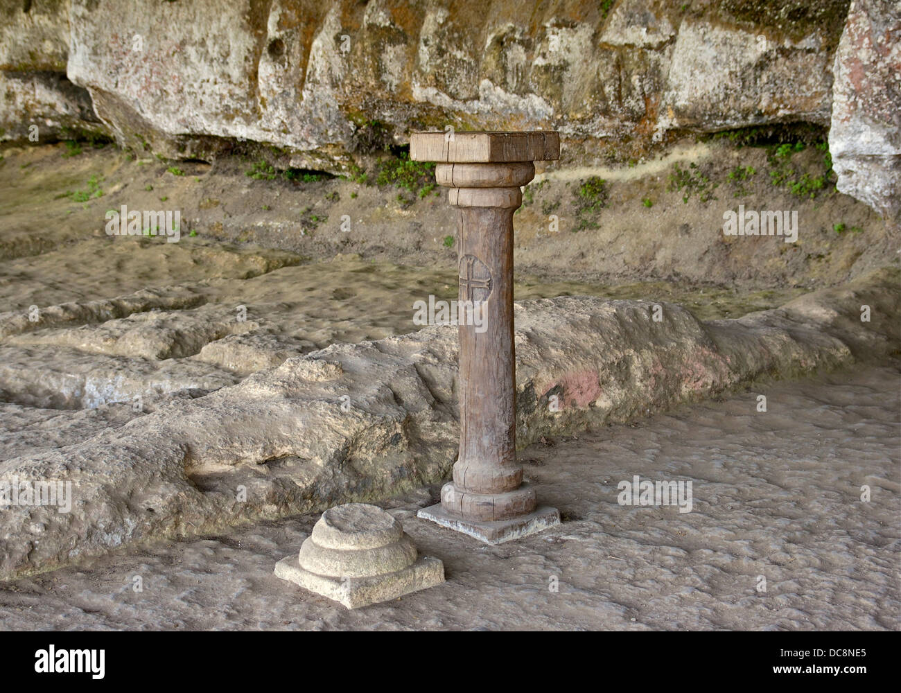 A wooden column, showing the place of the chapel of the medieval ...
