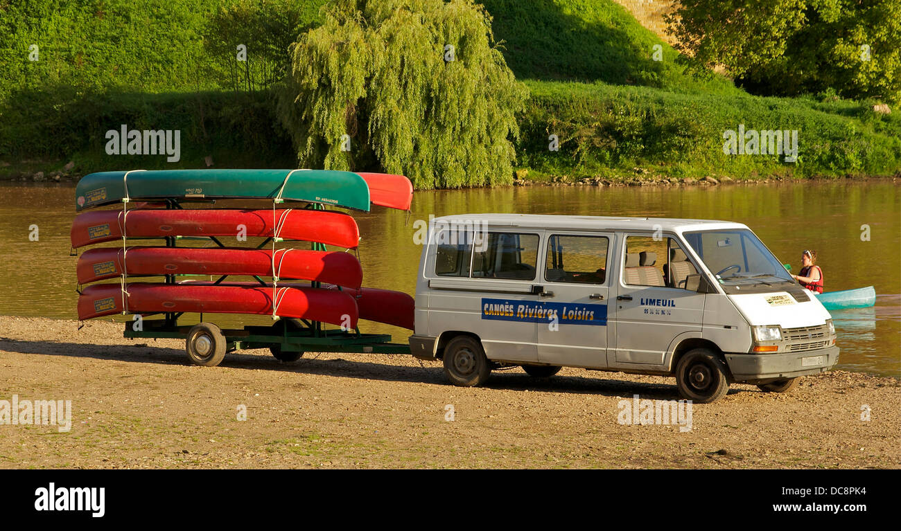 canoe livery or canoe rental, in Limeuil, Dordogne, France. Boats with ...