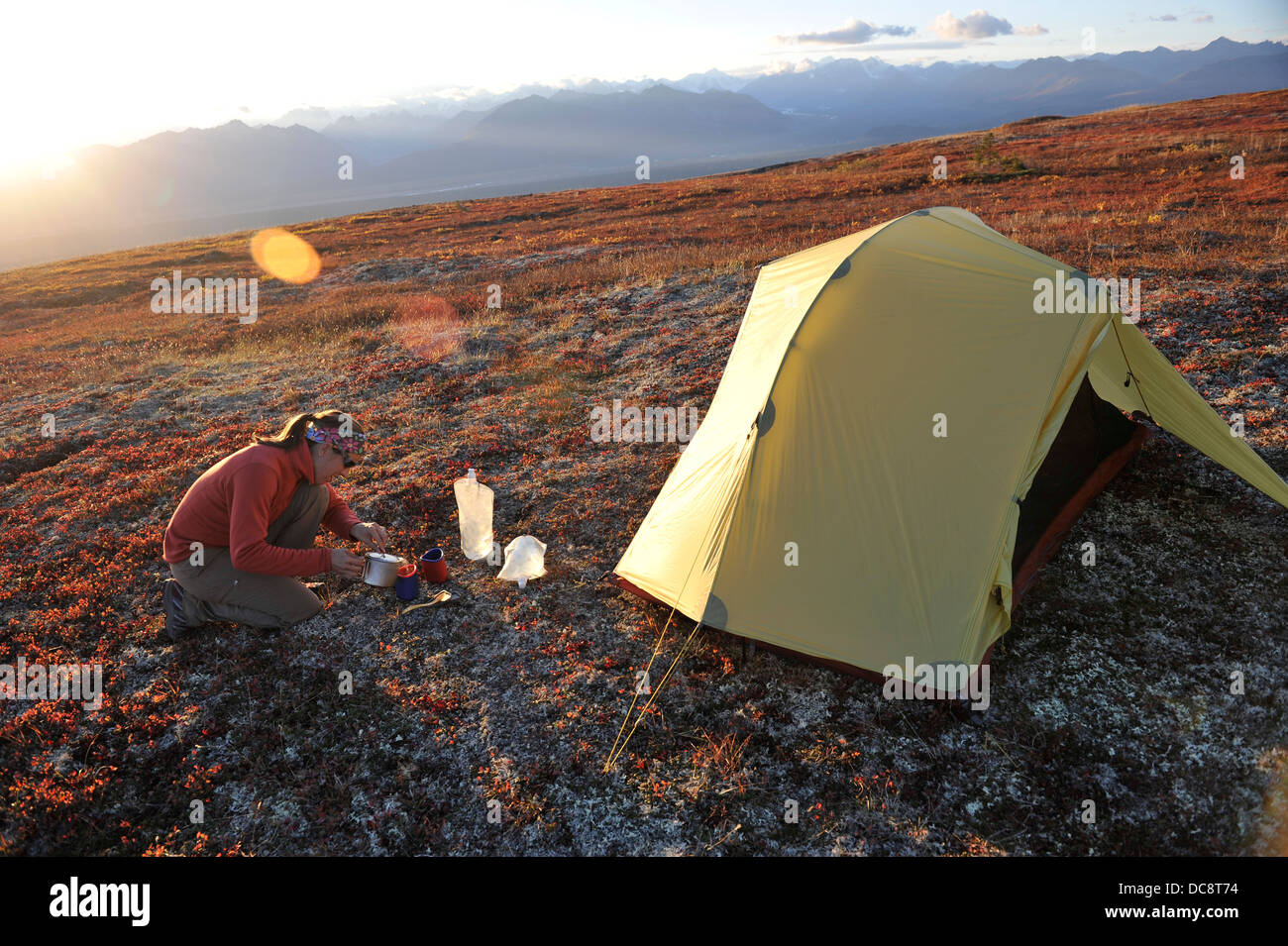 Backpacker camping on Kesugi Ridge Trail in Denali State Park, Alaska ...