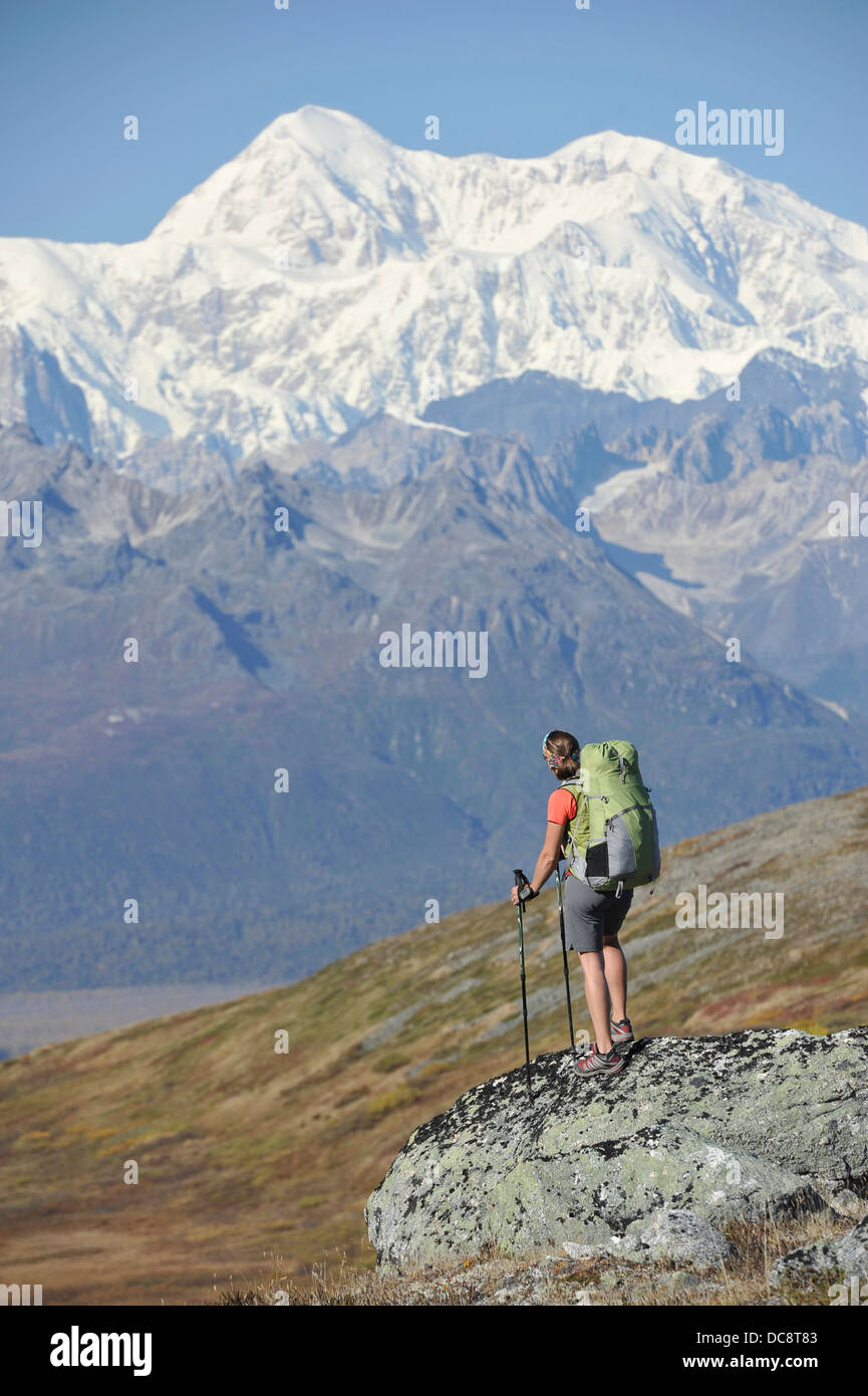 Backpacker hikes Kesugi Ridge Trail in Denali State Park, Alaska Stock ...