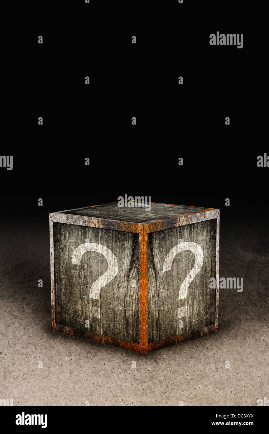 Wooden mystery box with question marks Stock Photo - Alamy