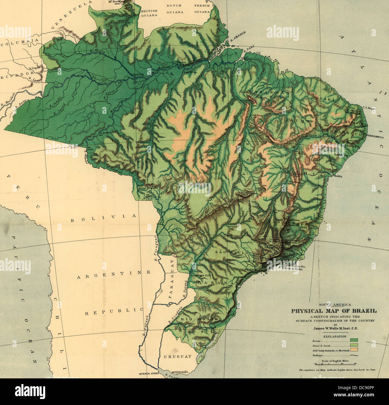 Physical map of Brazil. 1886 Stock Photo - Alamy