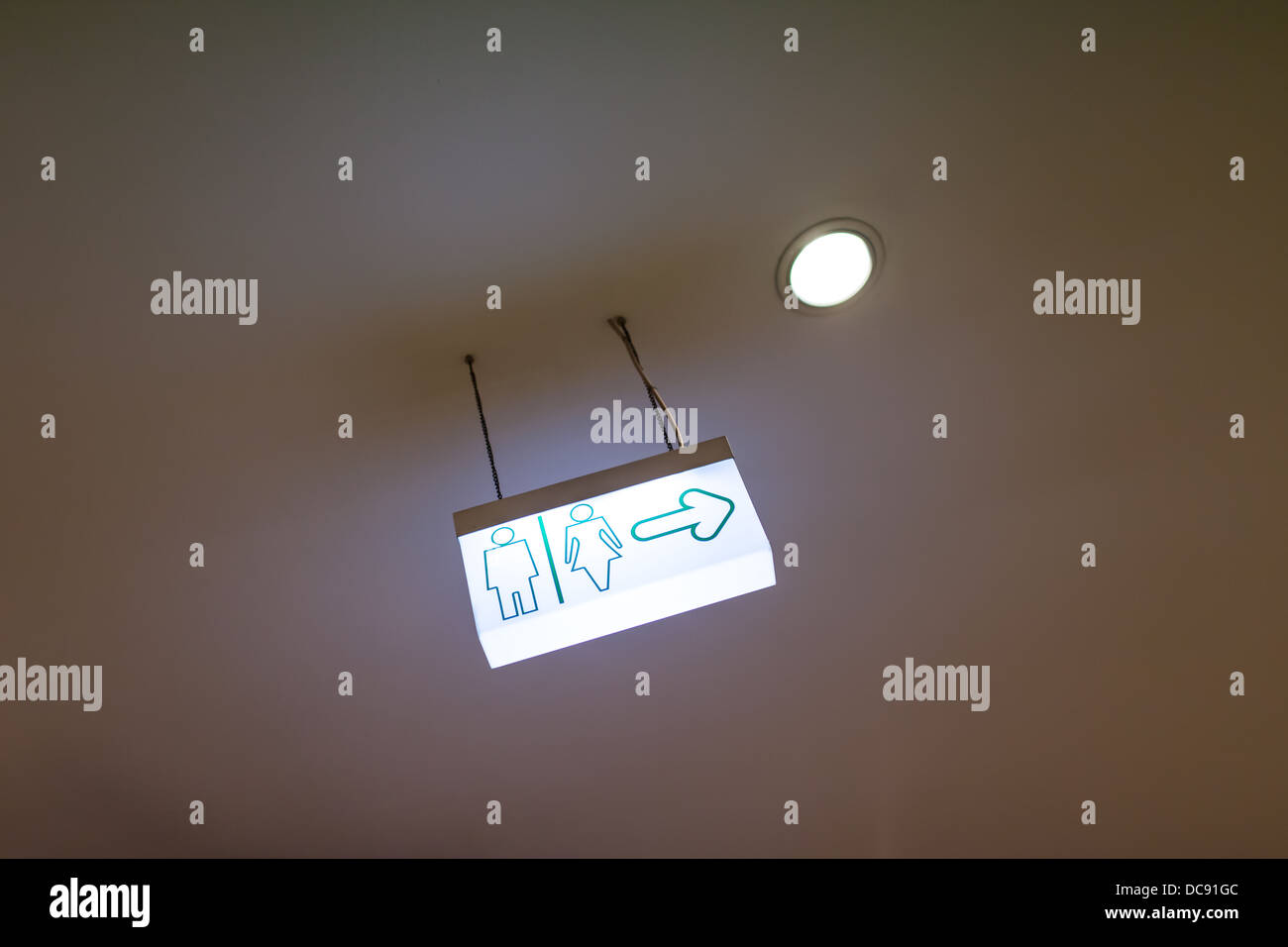 Toilet sign hanging on a ceiling Stock Photo - Alamy