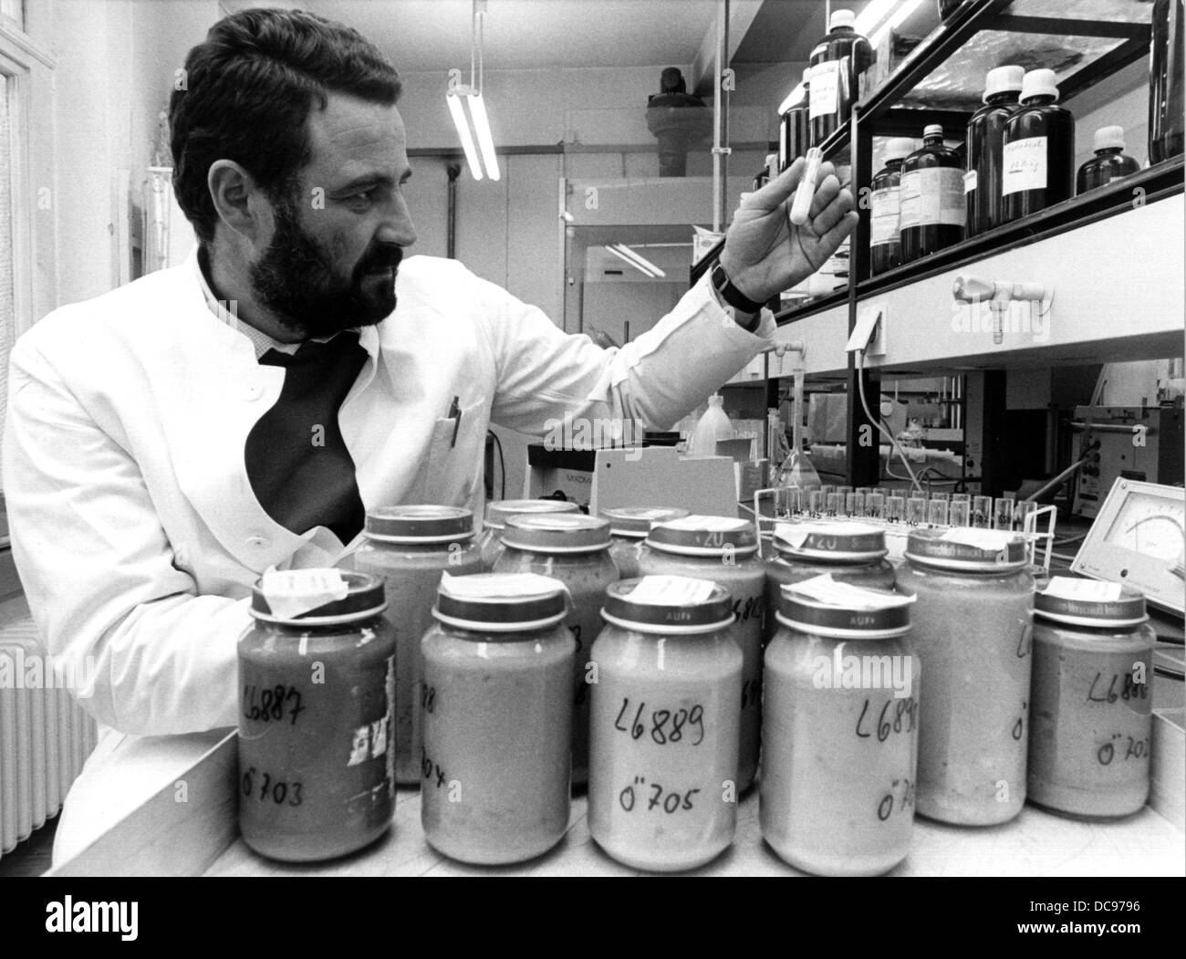 Chemist Dr. Olaf Agthe tests baby food for oestrogenic, photographed on ...