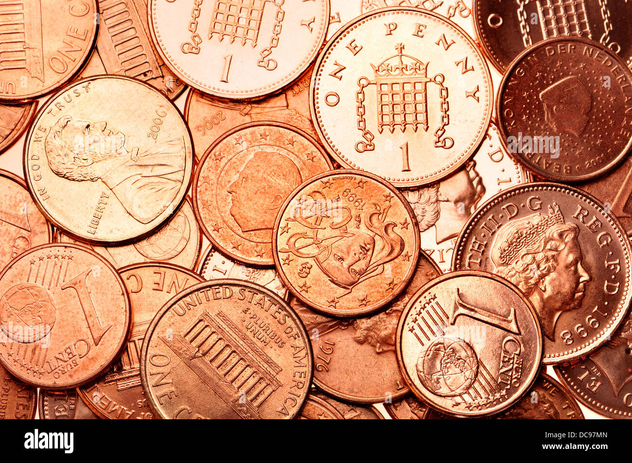 British pennies; American 1c pieces; Euro 1c pieces Stock Photo - Alamy