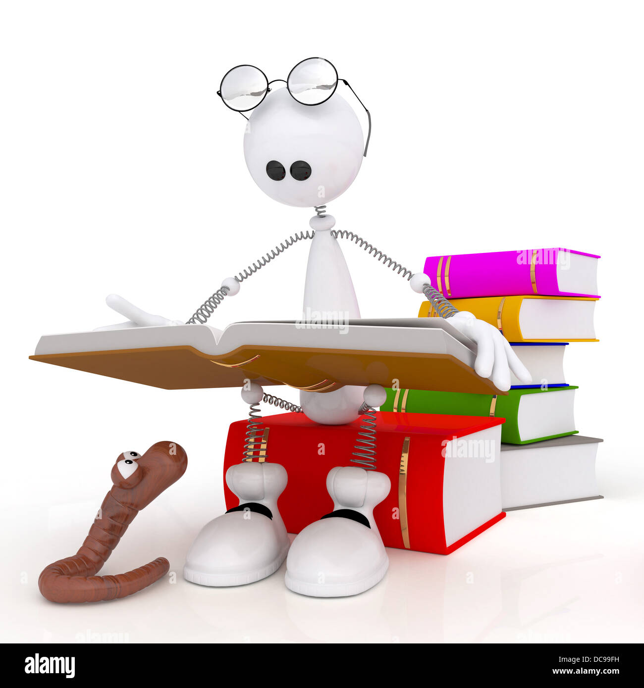 The white person sits in library at books with a worm Stock Photo - Alamy