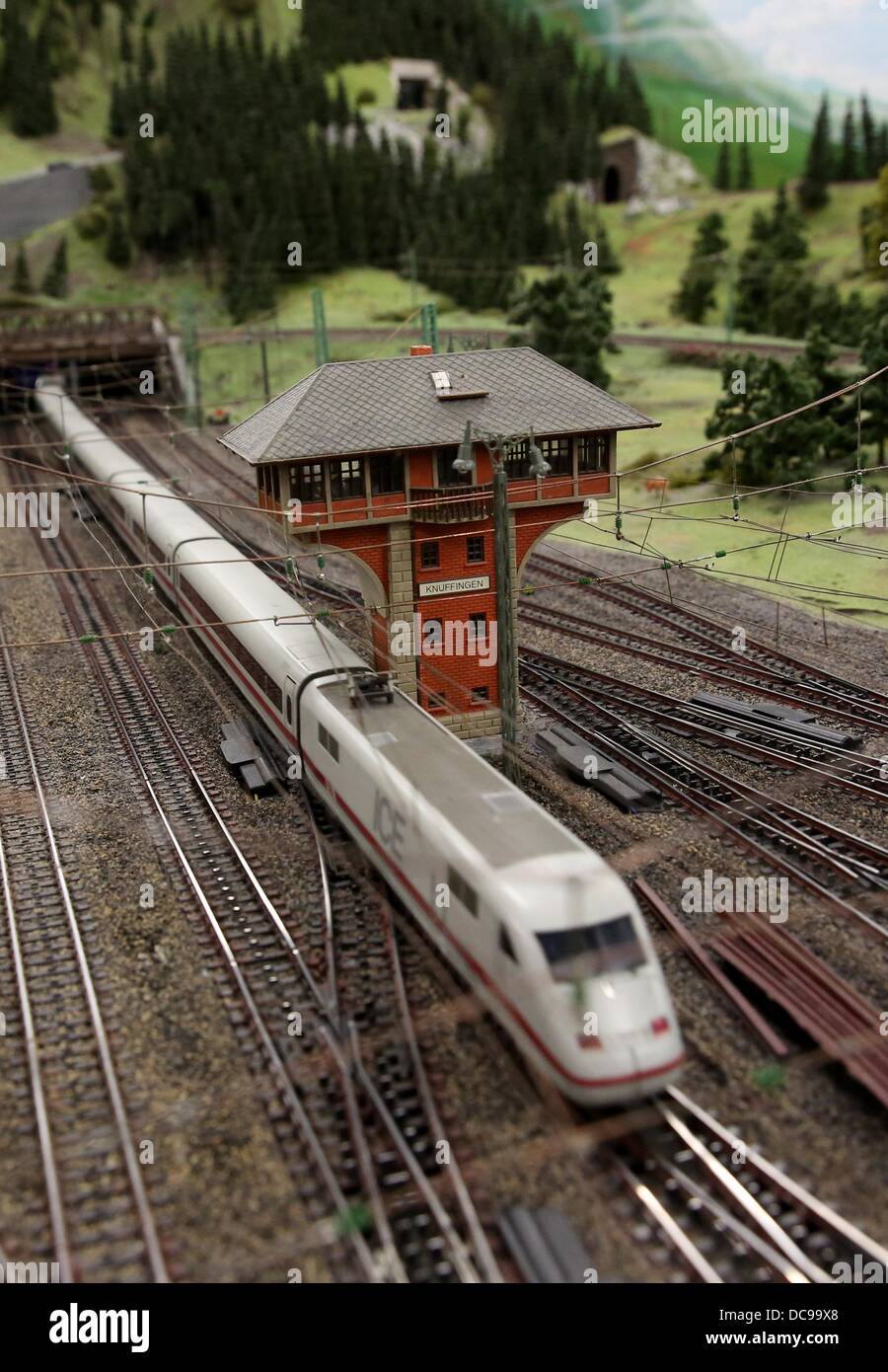 A model ICE train drives past a signal tower in 'Knuffingen' at ...