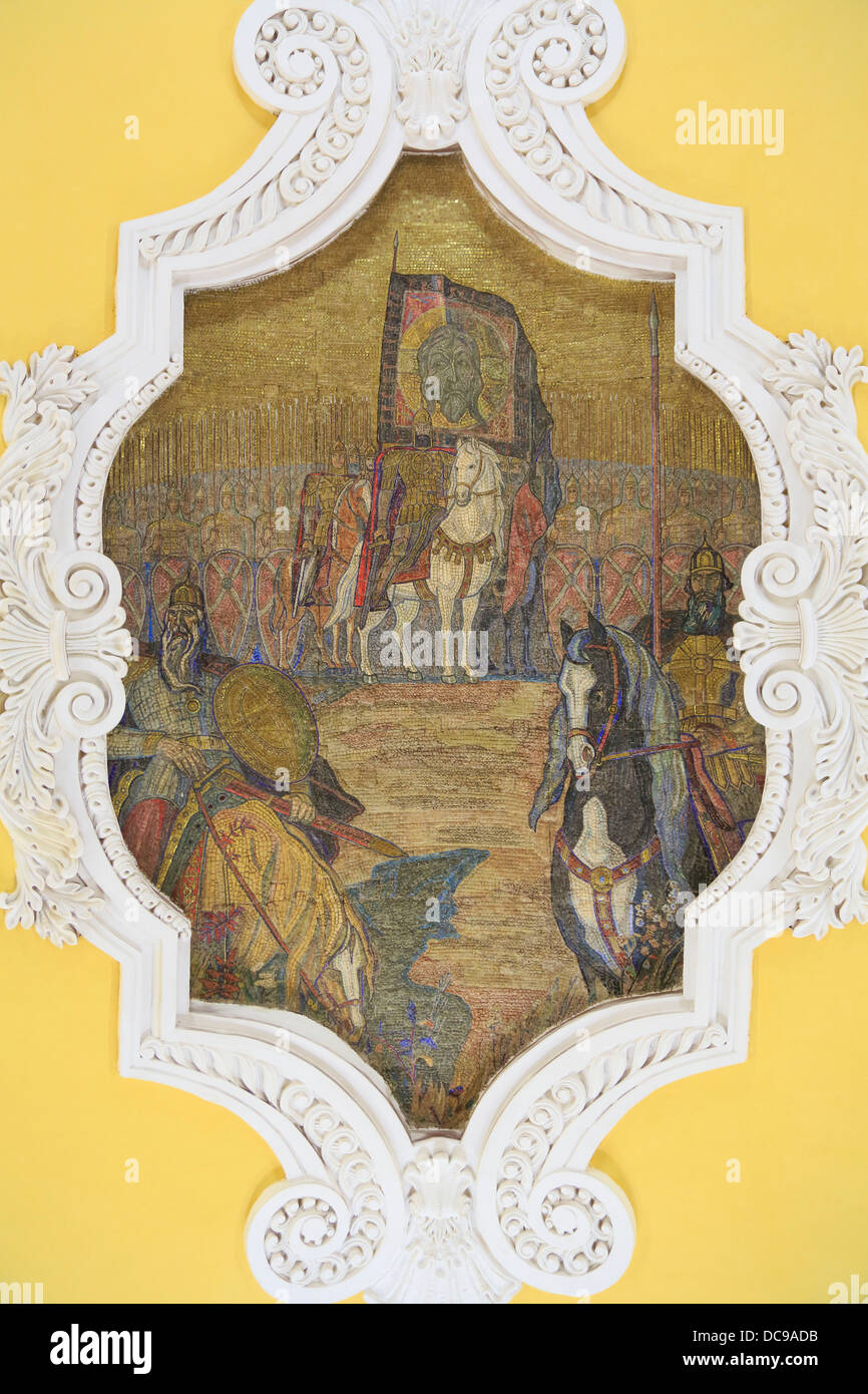 Ceiling mosaic, depicting a medieval scene, Komsomolskaya metro station ...