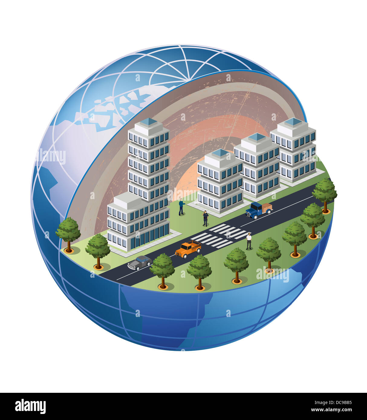 A fragment of the urban district located on a section of the globe ...