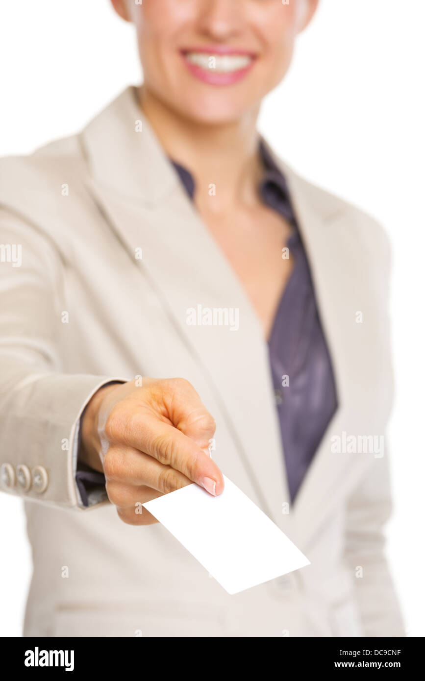 Closeup on business woman giving business card Stock Photo - Alamy