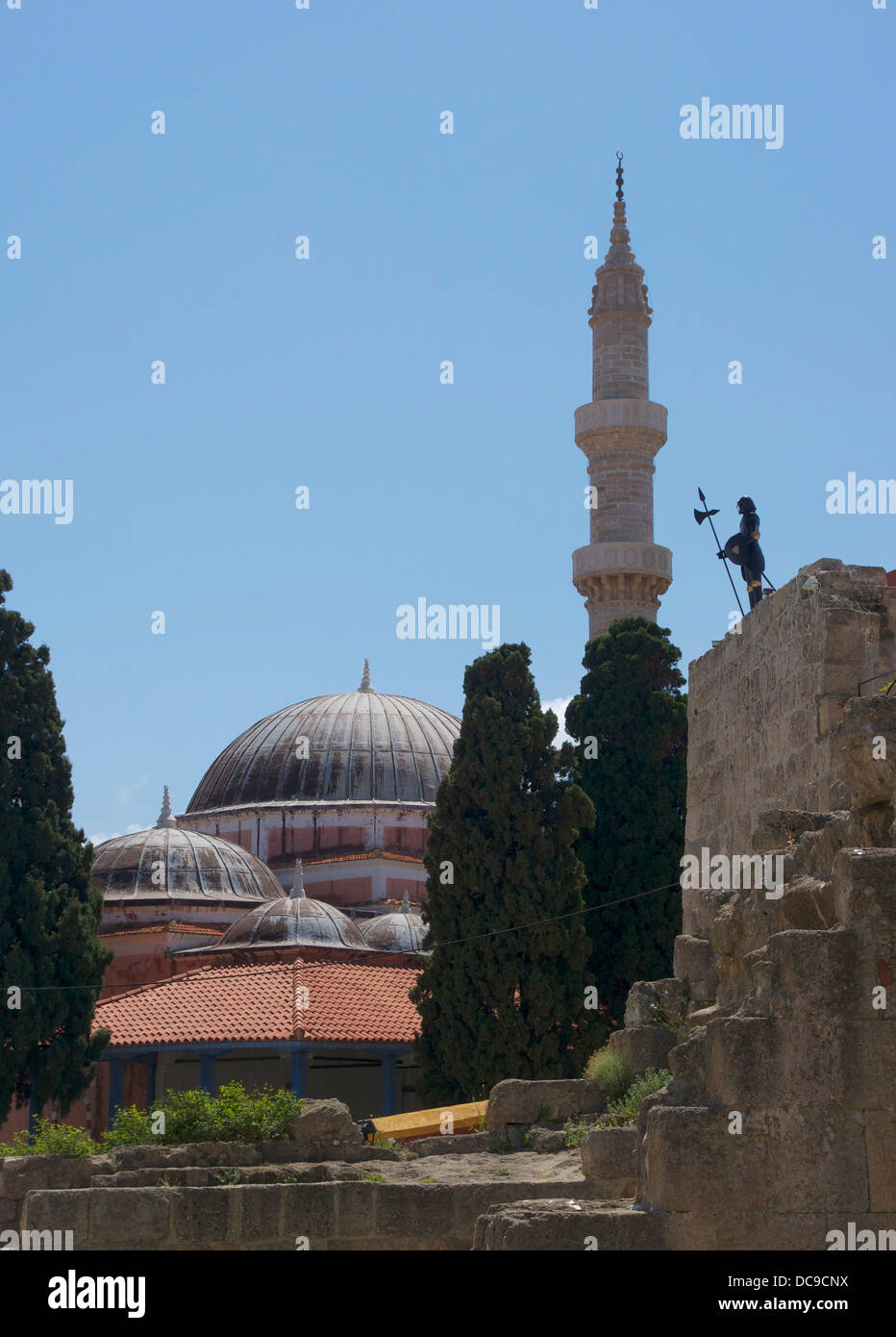 The Suleiman mosque, and a model of a knight, at Rhodes, Greece Stock ...