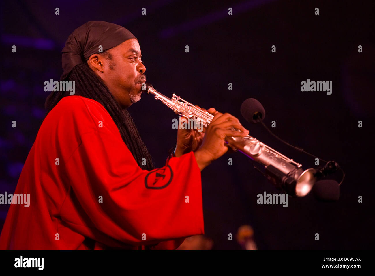Jazz musician Courtney Pine playing clarinet on stage at Brecon Jazz ...