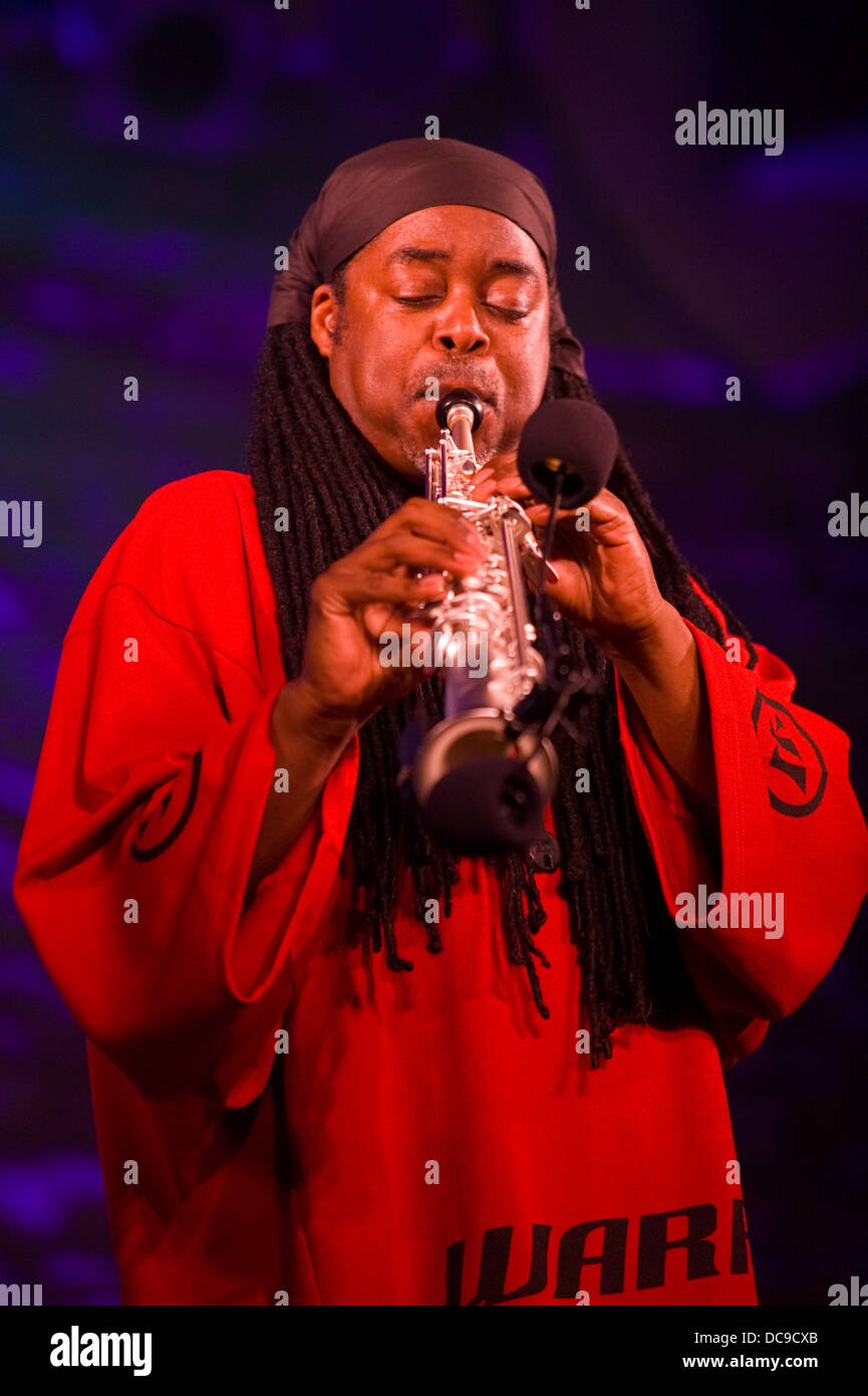 Jazz musician Courtney Pine playing clarinet on stage at Brecon Jazz ...