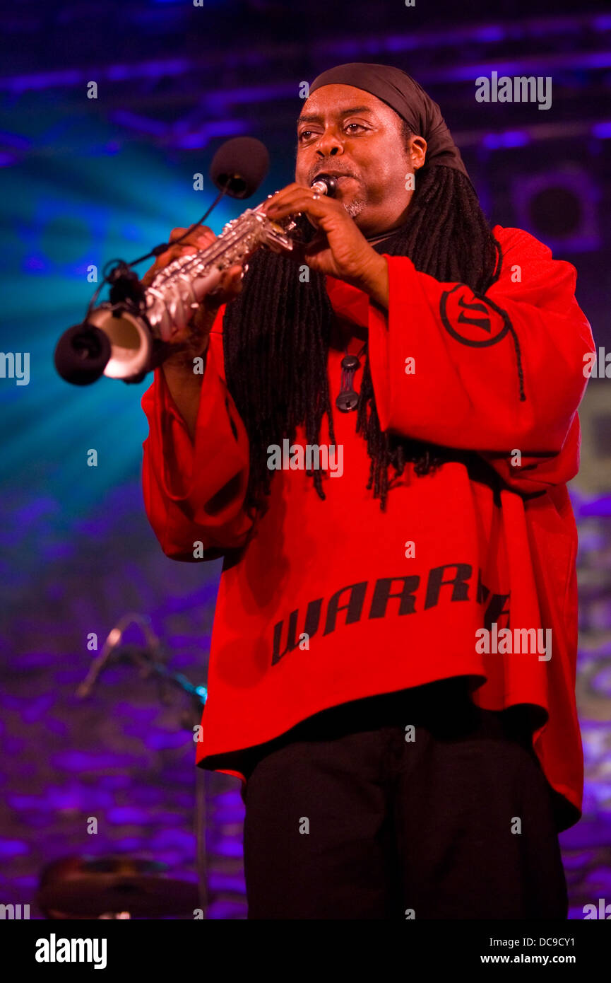 Jazz musician Courtney Pine playing clarinet on stage at Brecon Jazz ...