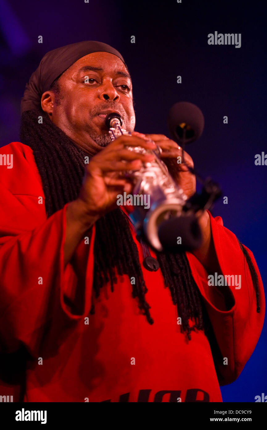 Jazz musician Courtney Pine playing clarinet on stage at Brecon Jazz ...