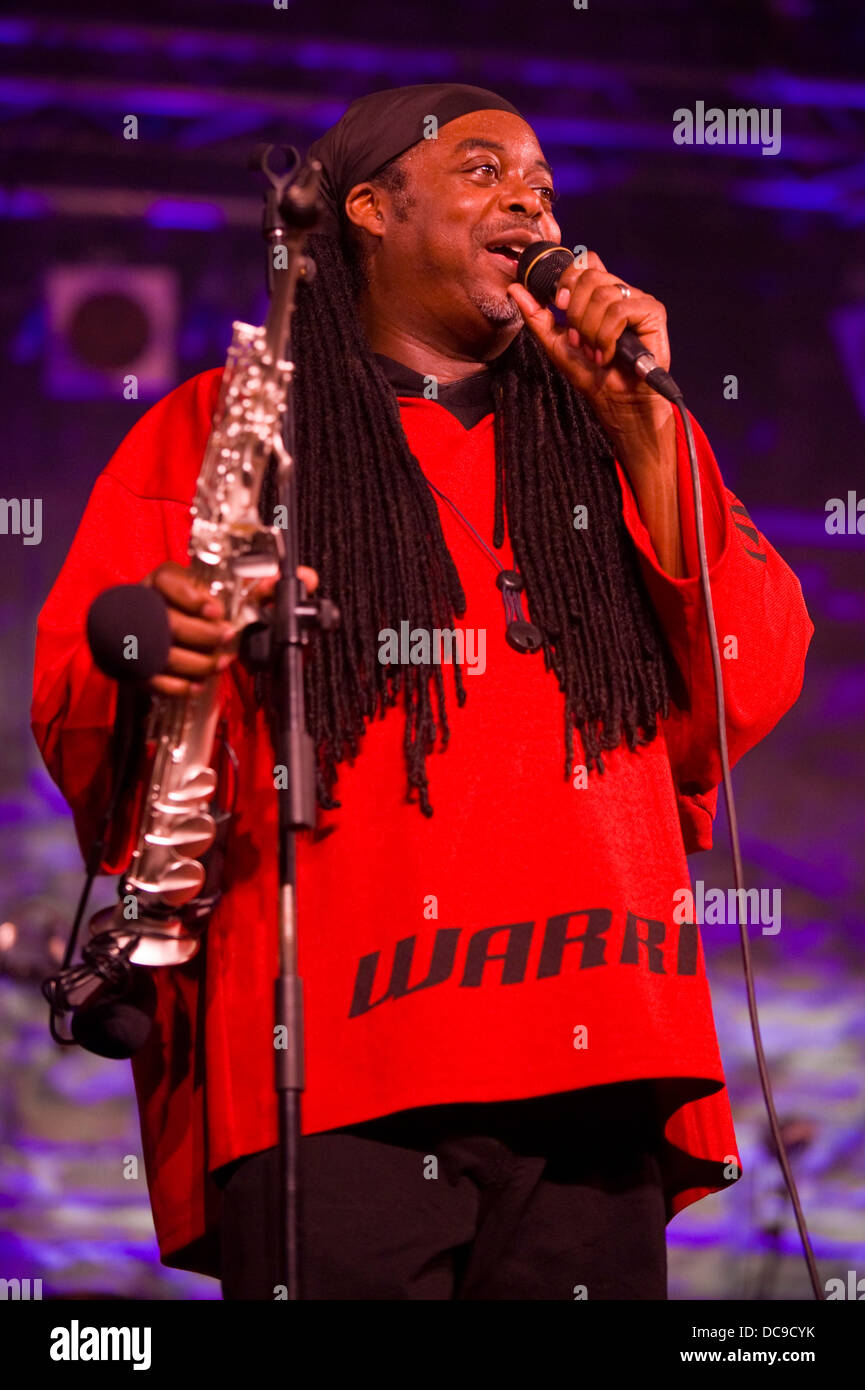 Jazz musician Courtney Pine playing clarinet on stage at Brecon Jazz ...