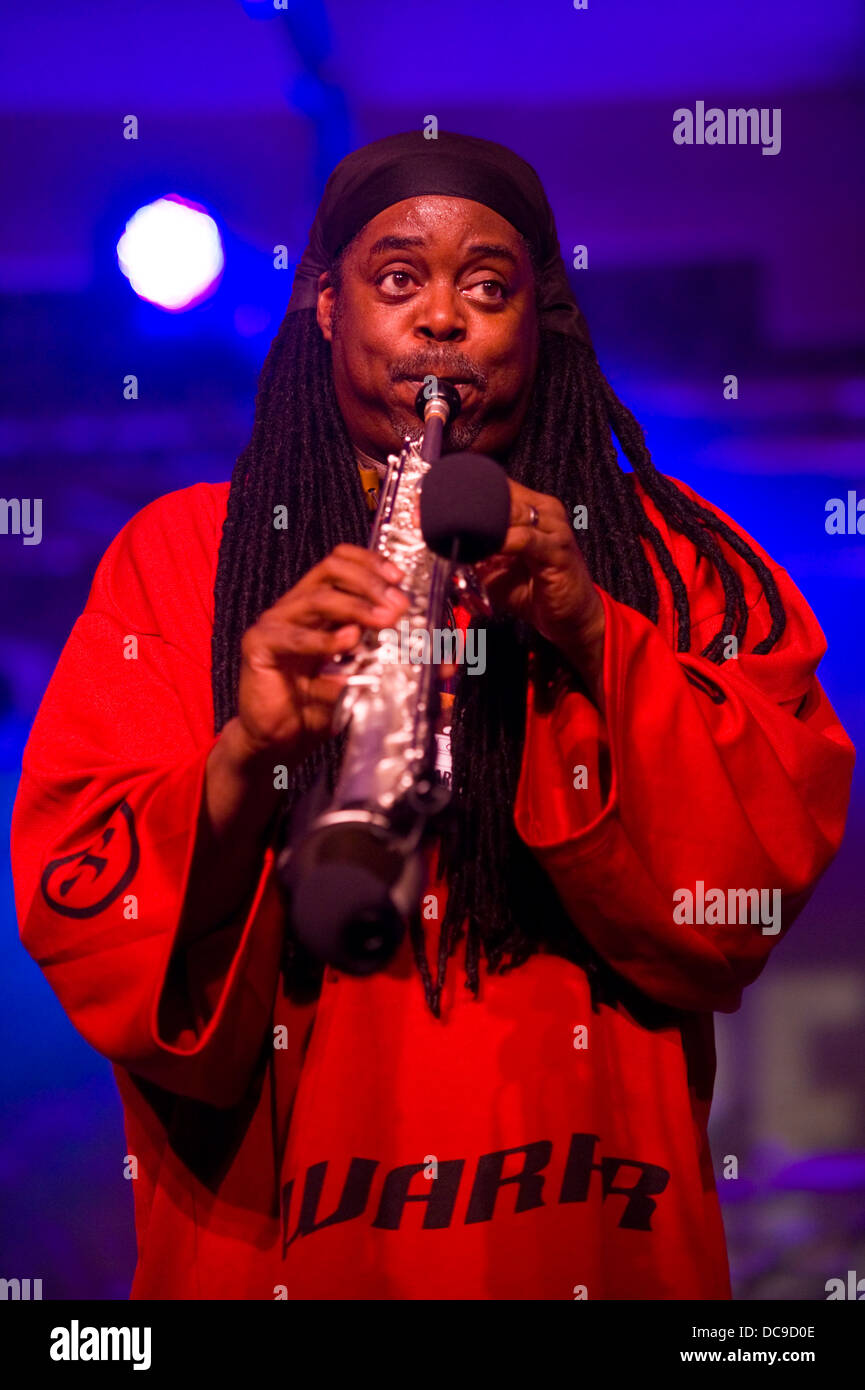 Jazz musician Courtney Pine playing clarinet on stage at Brecon Jazz ...