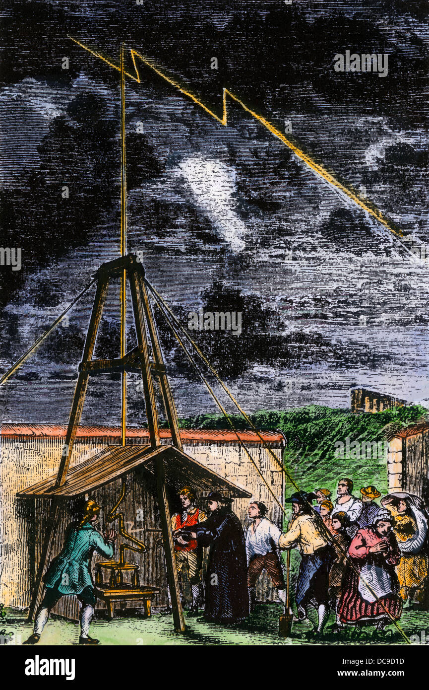 Dalibard testing his sentry box, or lightning rod, near Paris, 1752 ...