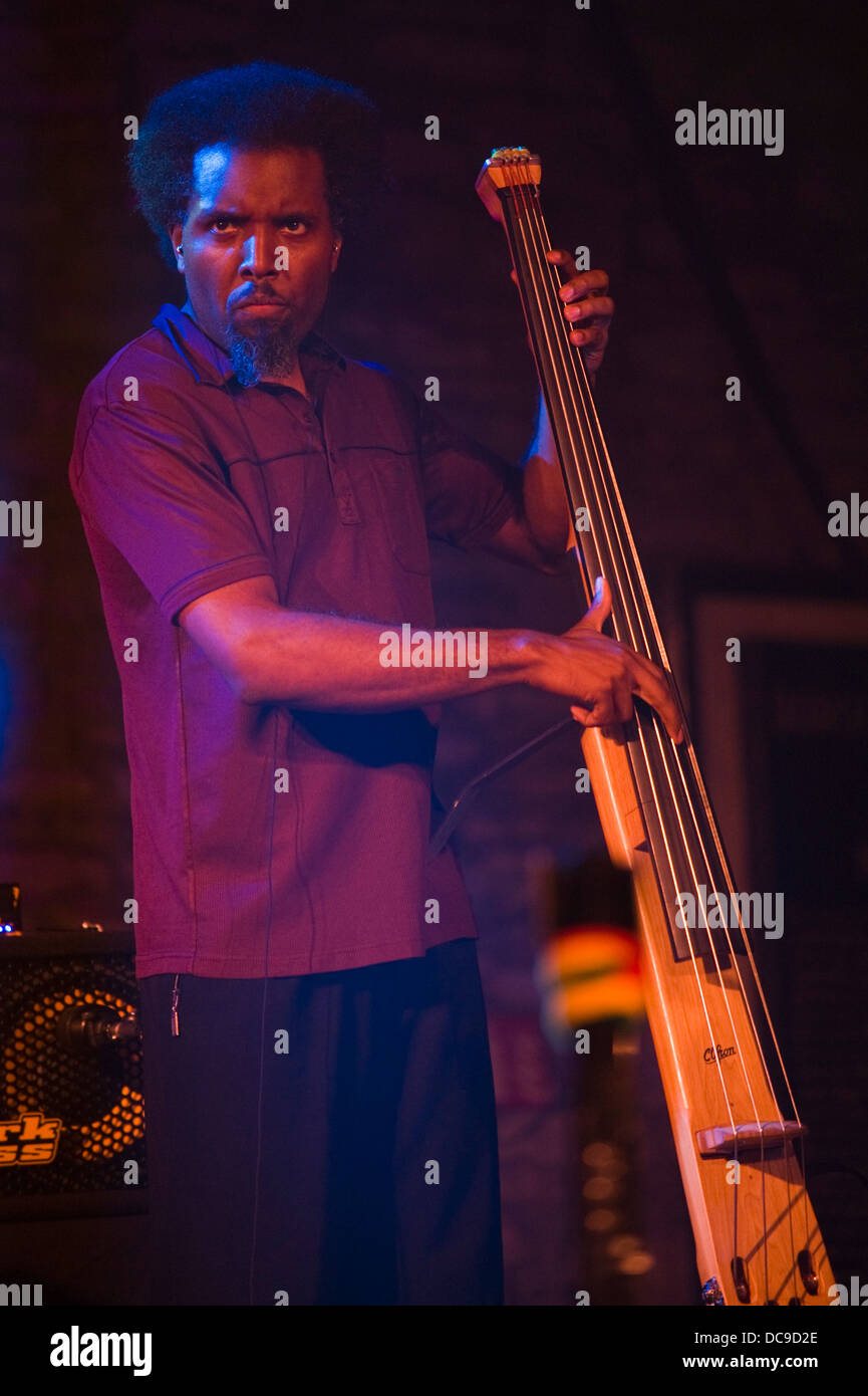 Jazz musician bass player with Courtney Pine band on stage at Brecon ...
