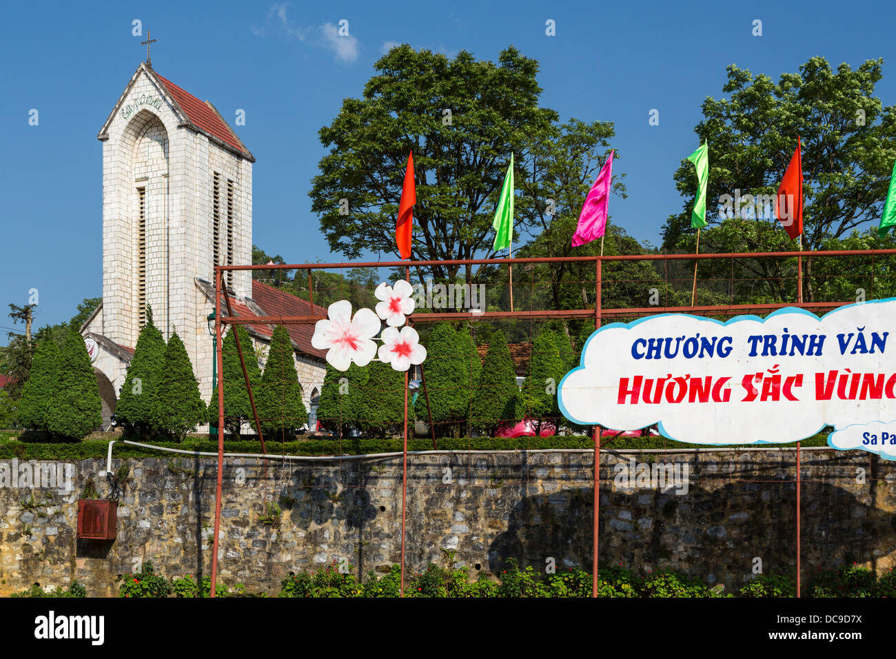 The exterior facade of the Nam Duc Tin Catholic Church in Sapa, Vietnam ...