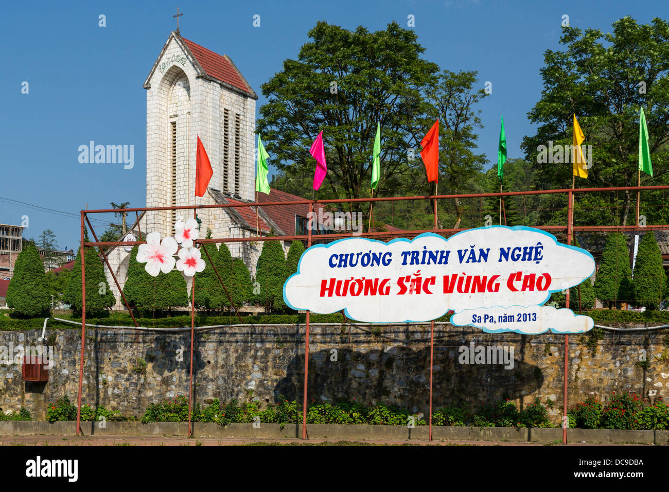 The exterior facade of the Nam Duc Tin Catholic Church in Sapa, Vietnam ...