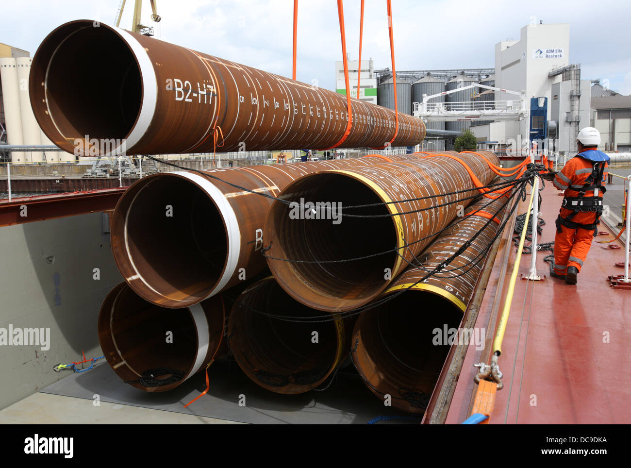 Foundation pipes for the wind park Baltic 2 are loaded onto a transport ...