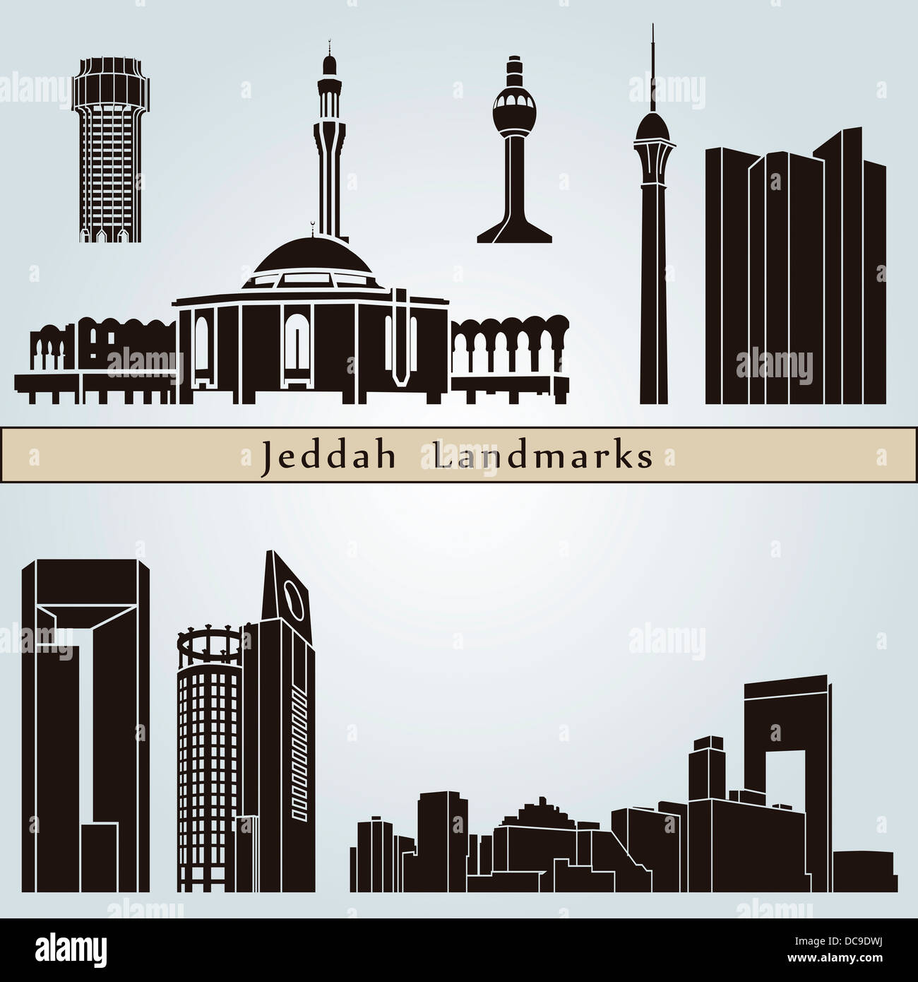 Jeddah landmarks and monuments isolated on blue background Stock Photo ...