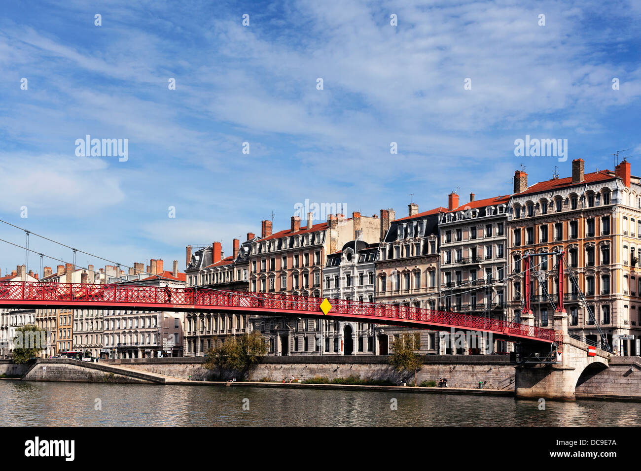 view of Lyon with Saone river and famous red footbridge Stock Photo - Alamy
