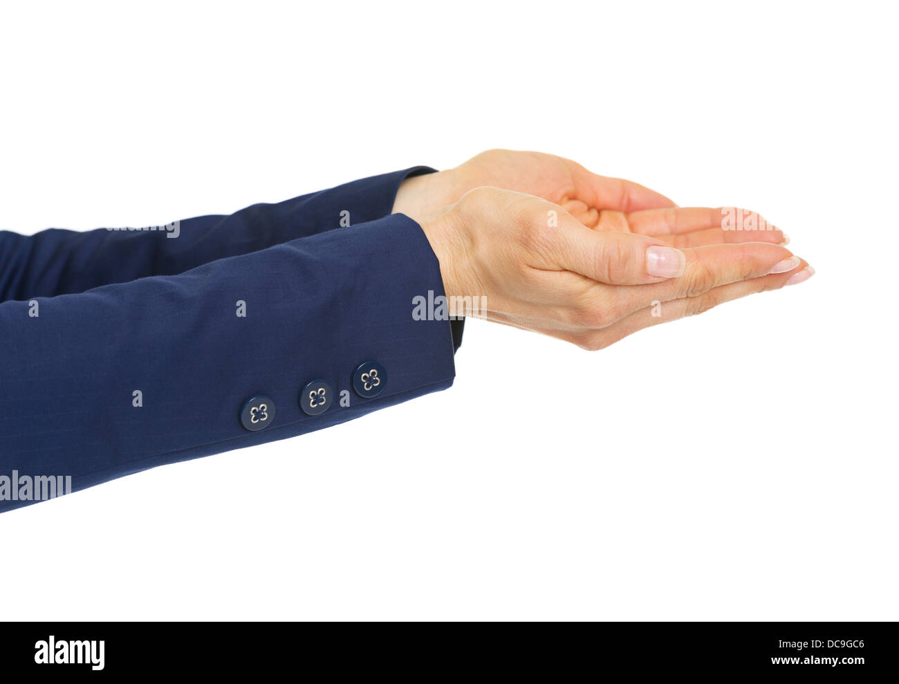 Closeup on hands of business woman presenting something on empty palm ...
