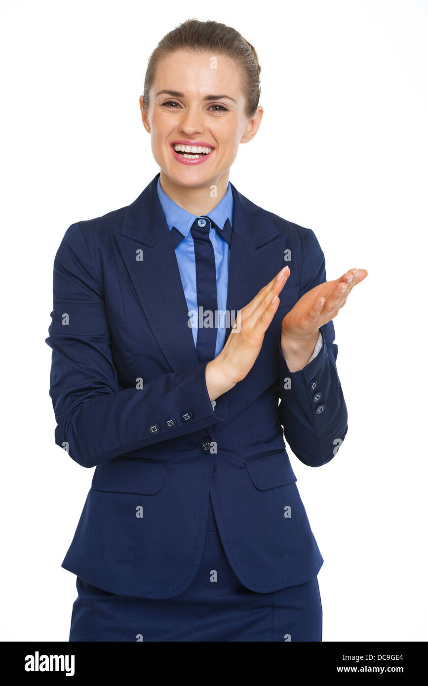Smiling business woman clapping Stock Photo - Alamy