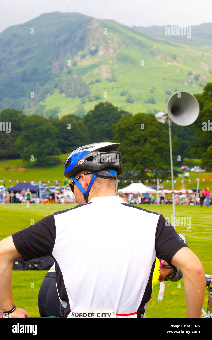 Cyclist competing at Ambleside Sports in The Lake District, Cumbria ...