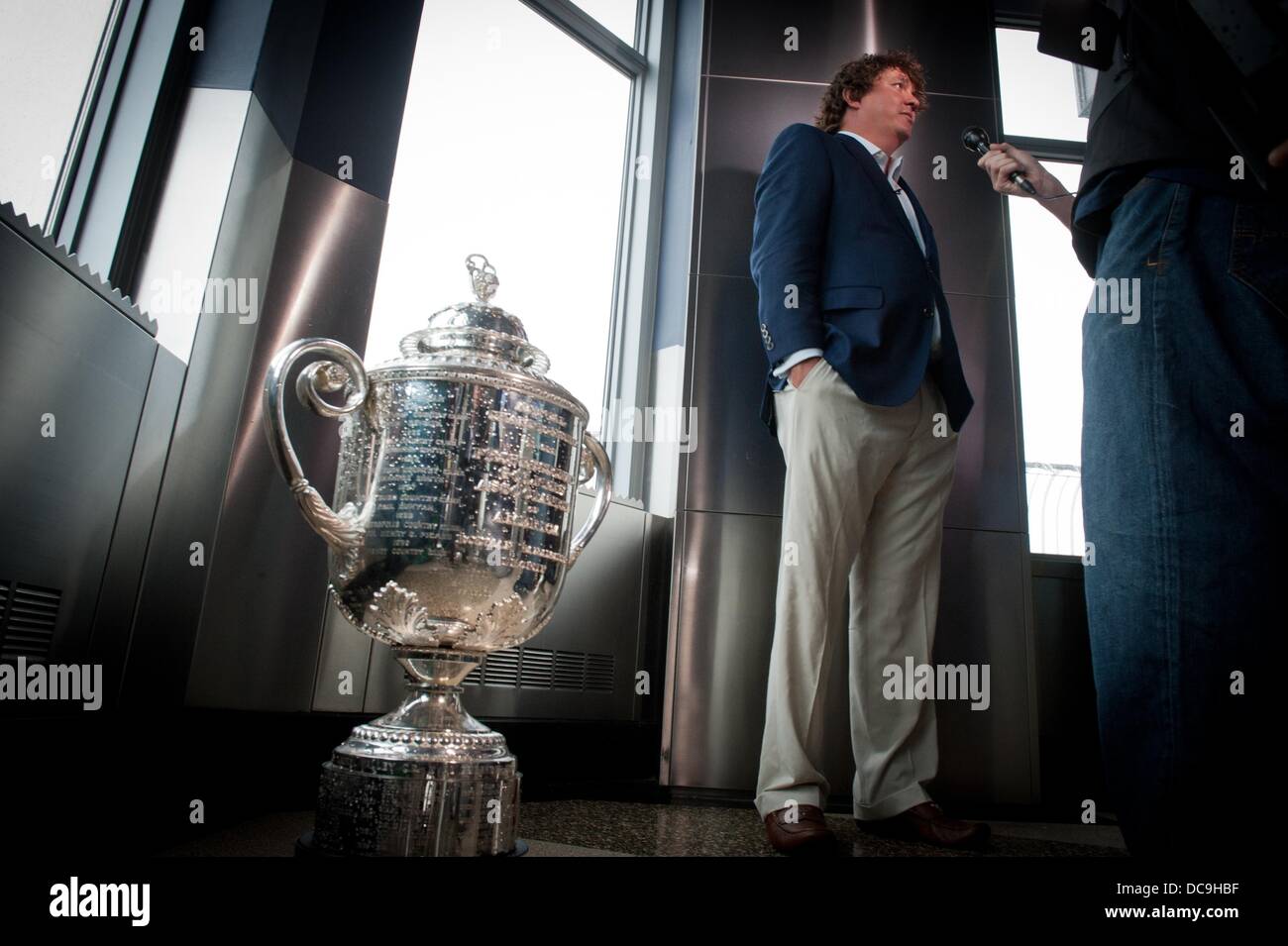 Manhattan, New York, USA. 13th Aug, 2013. The Wanamaker Trophy as JASON ...