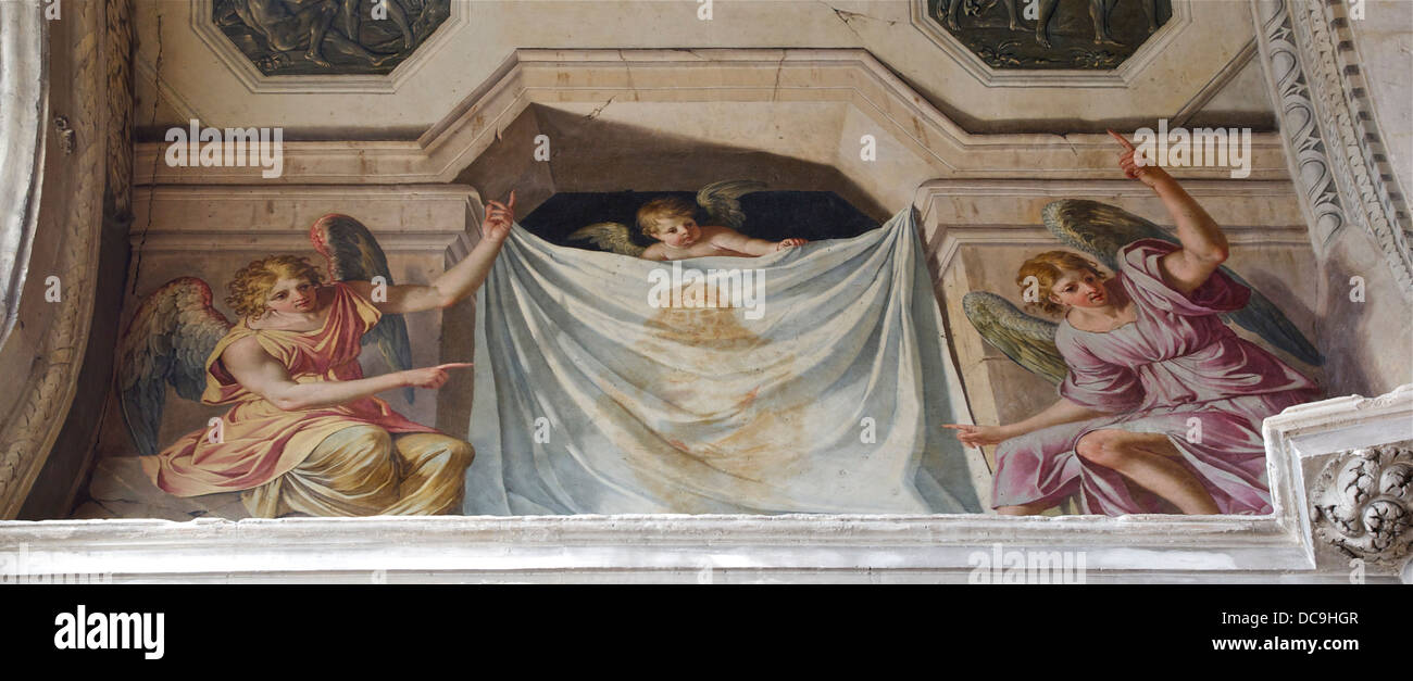 The resurrection angels and the holy shroud. Detail of the vault fresco "La Résurrection" by ...