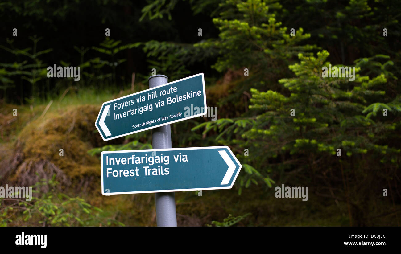 Signpost giving directions for the forest trails at Inverfarigaig near ...
