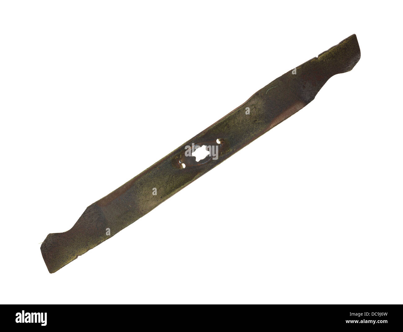 Top view of a lawn mower blade that is gouged and worn on a white ...