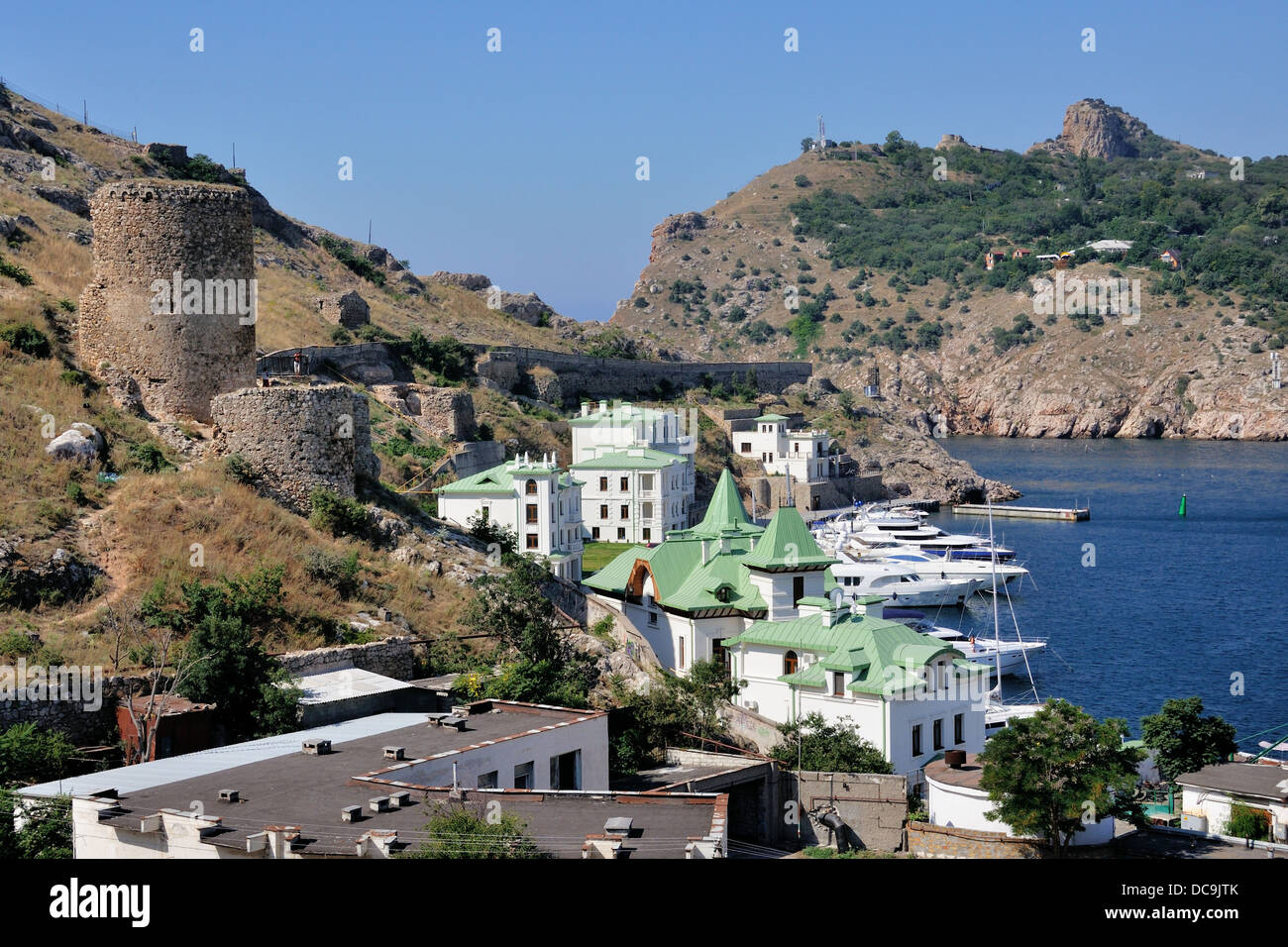 Port of Balaklava harbor, Ukraine with mountains and old Castle Stock ...