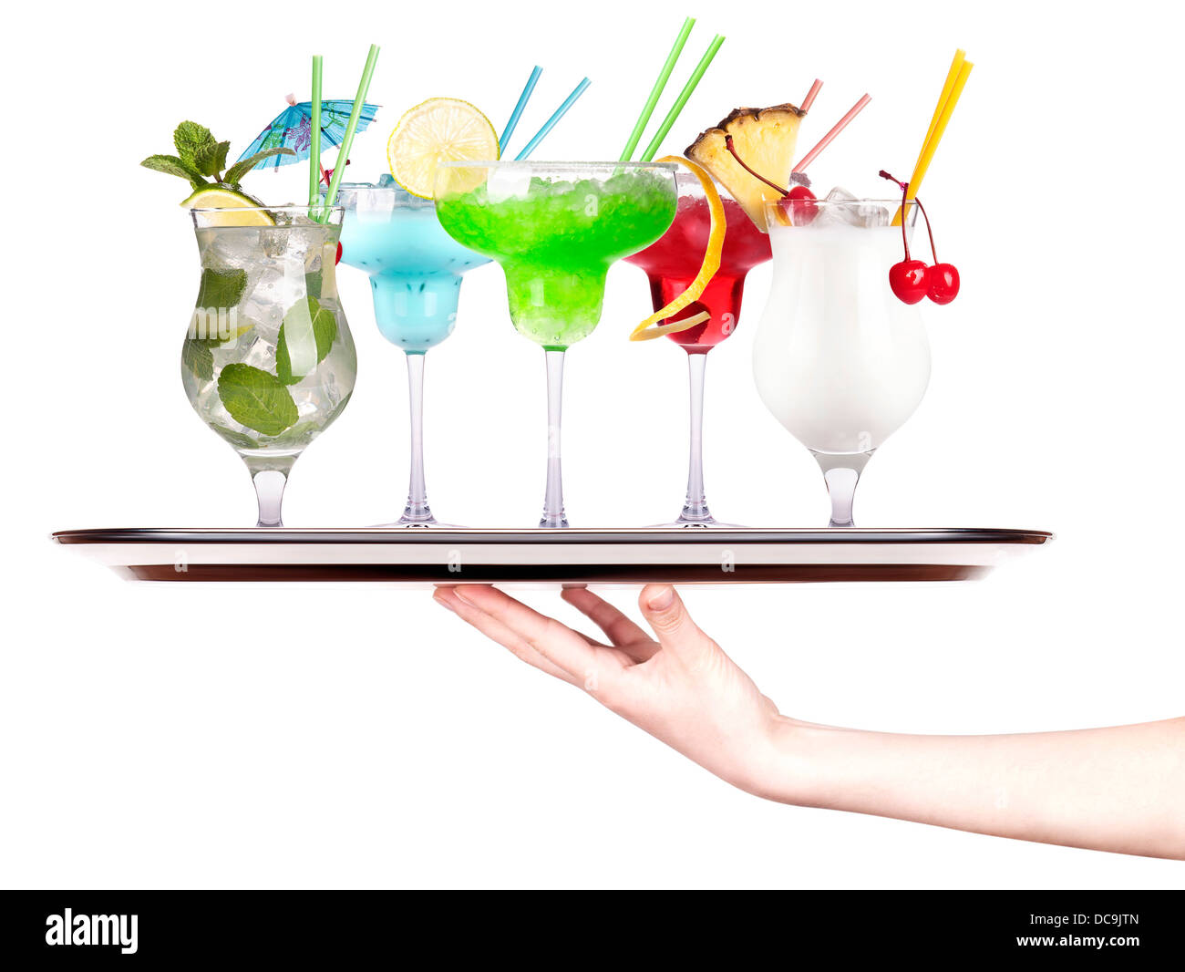 alcoholic cocktail set on a tray with woman hand isolated on a white ...